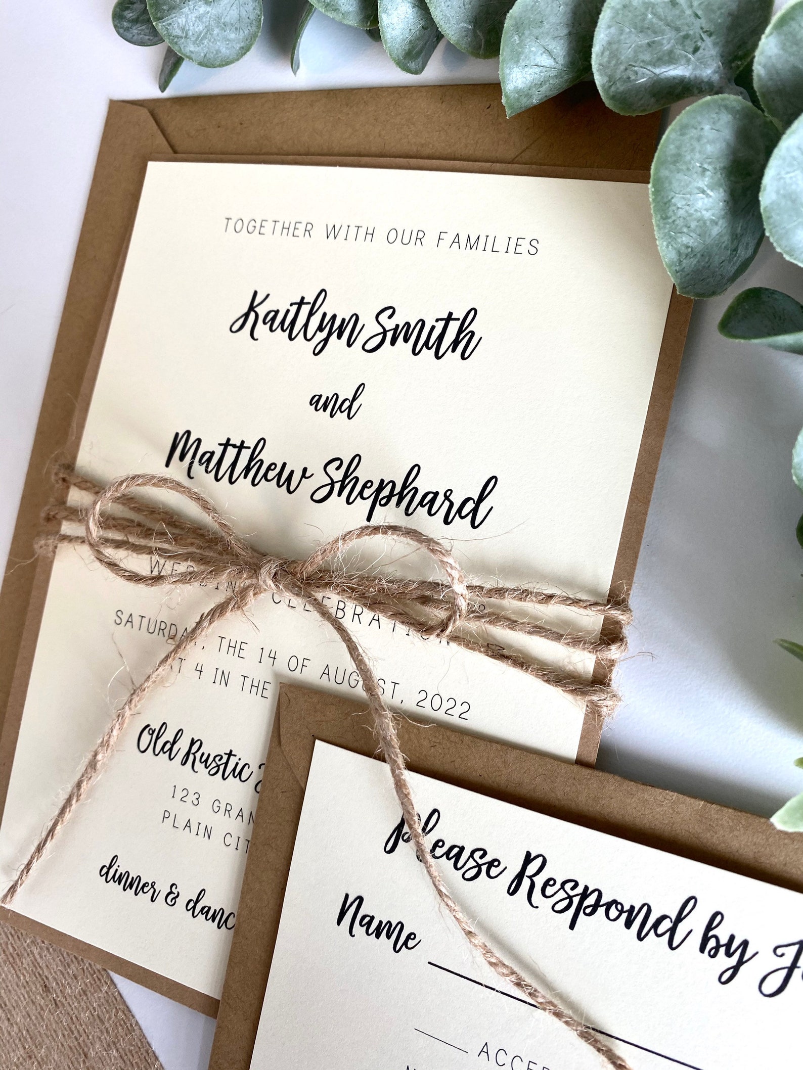Printed Rustic Wedding Invitation With Twine, Ivory With Kraft Matting ...