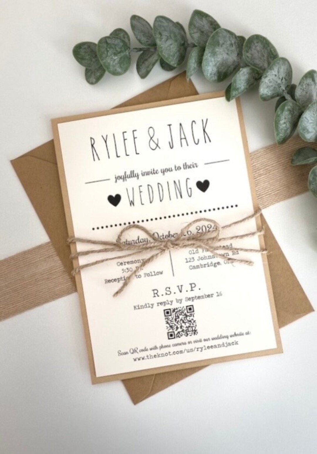 QR Code - Printed Rustic Wedding Invitation With Twine, Ivory With ...