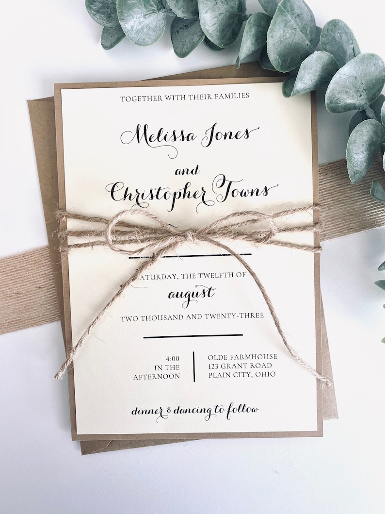 Printed Rustic Wedding Invitation With Twine Ivory With Kraft | Etsy