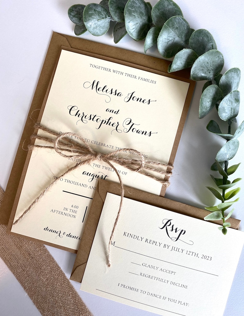 Printed Rustic Wedding Invitation With Twine Ivory With Kraft | Etsy