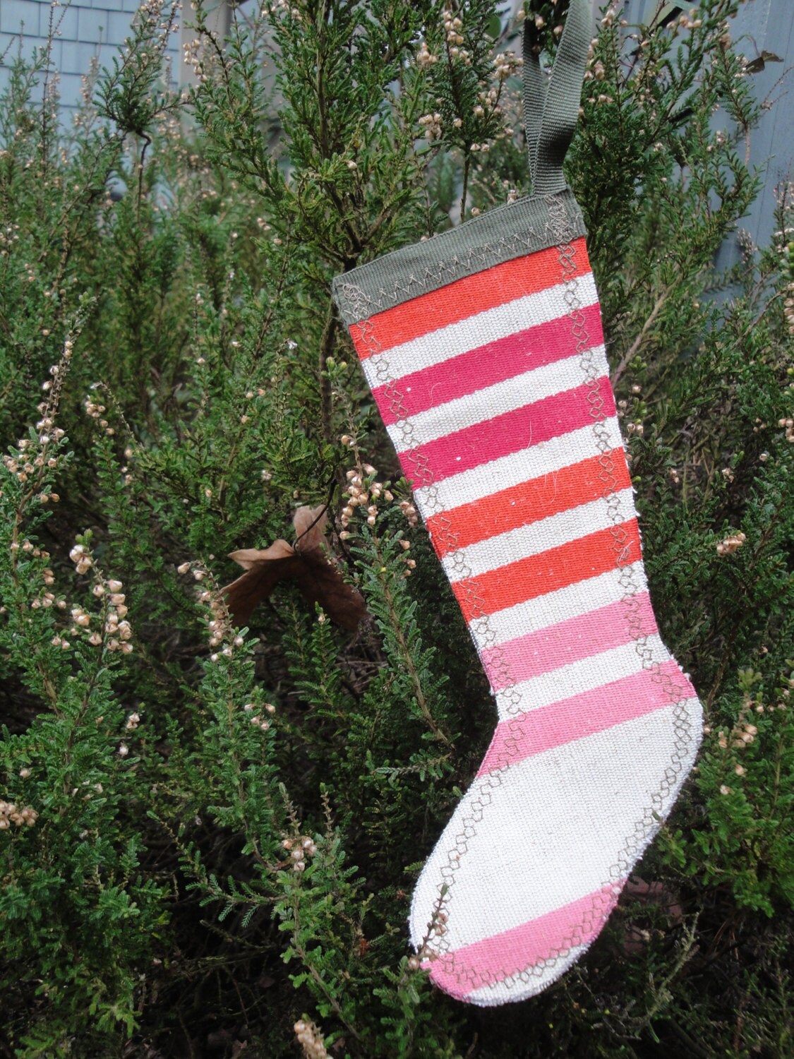 Set of 2 Vintage Striped Christmas Stockings with Ribbon Loop