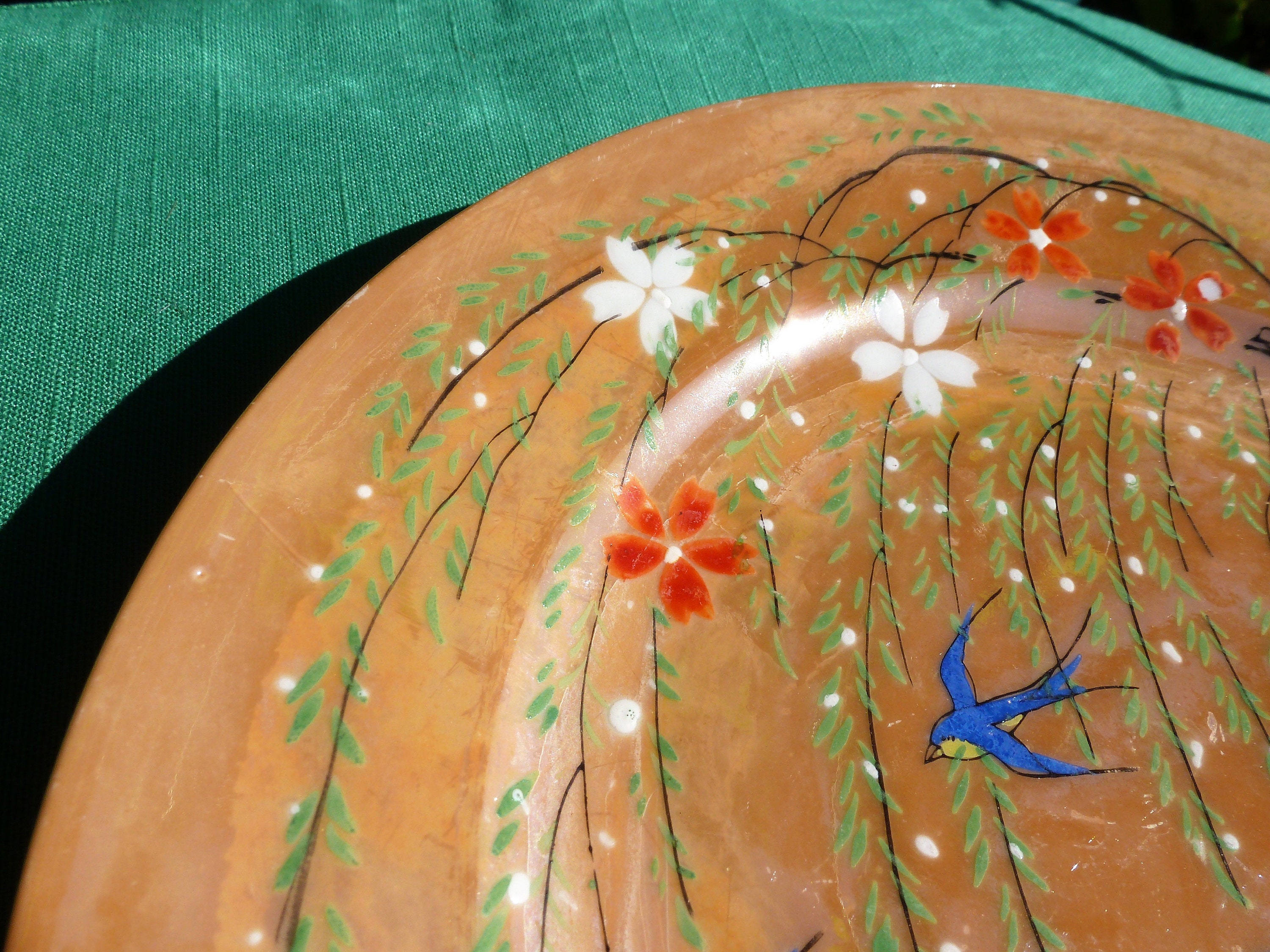 Vintage Japanese Lusterware Plate with Flowering Tree, Birds and Clouds