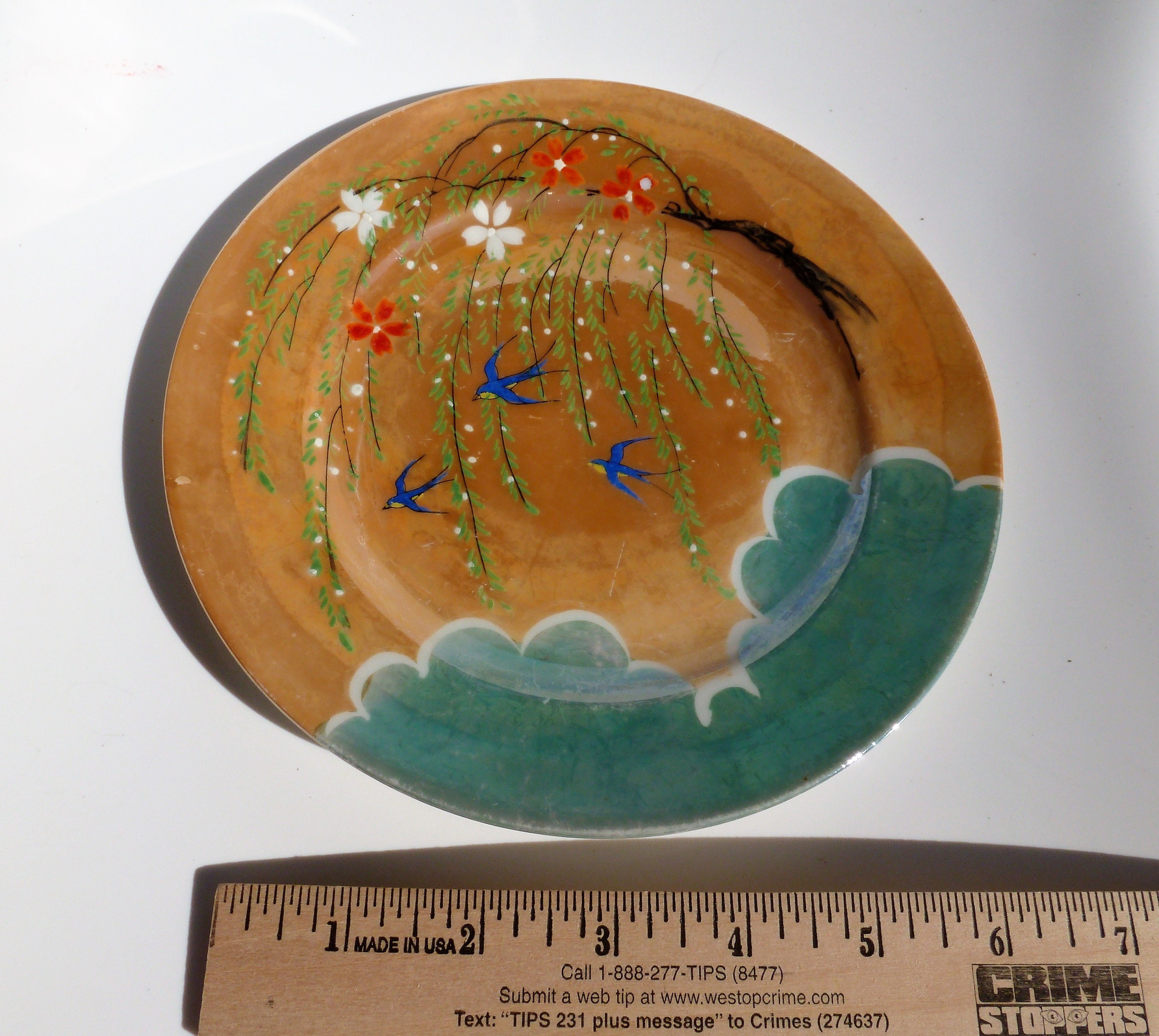 Vintage Japanese Lusterware Plate with Flowering Tree, Birds and Clouds