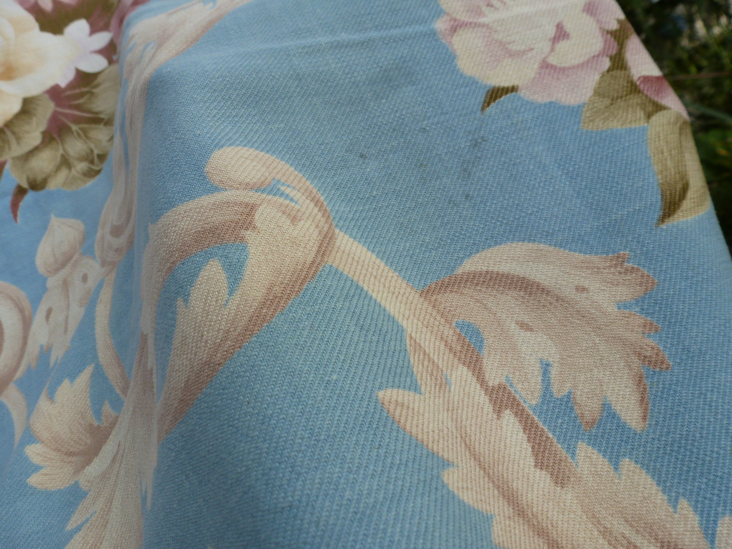 Vintage Vat Printed Drapery Panel Sewing Fabric Blue Floral and Leaves