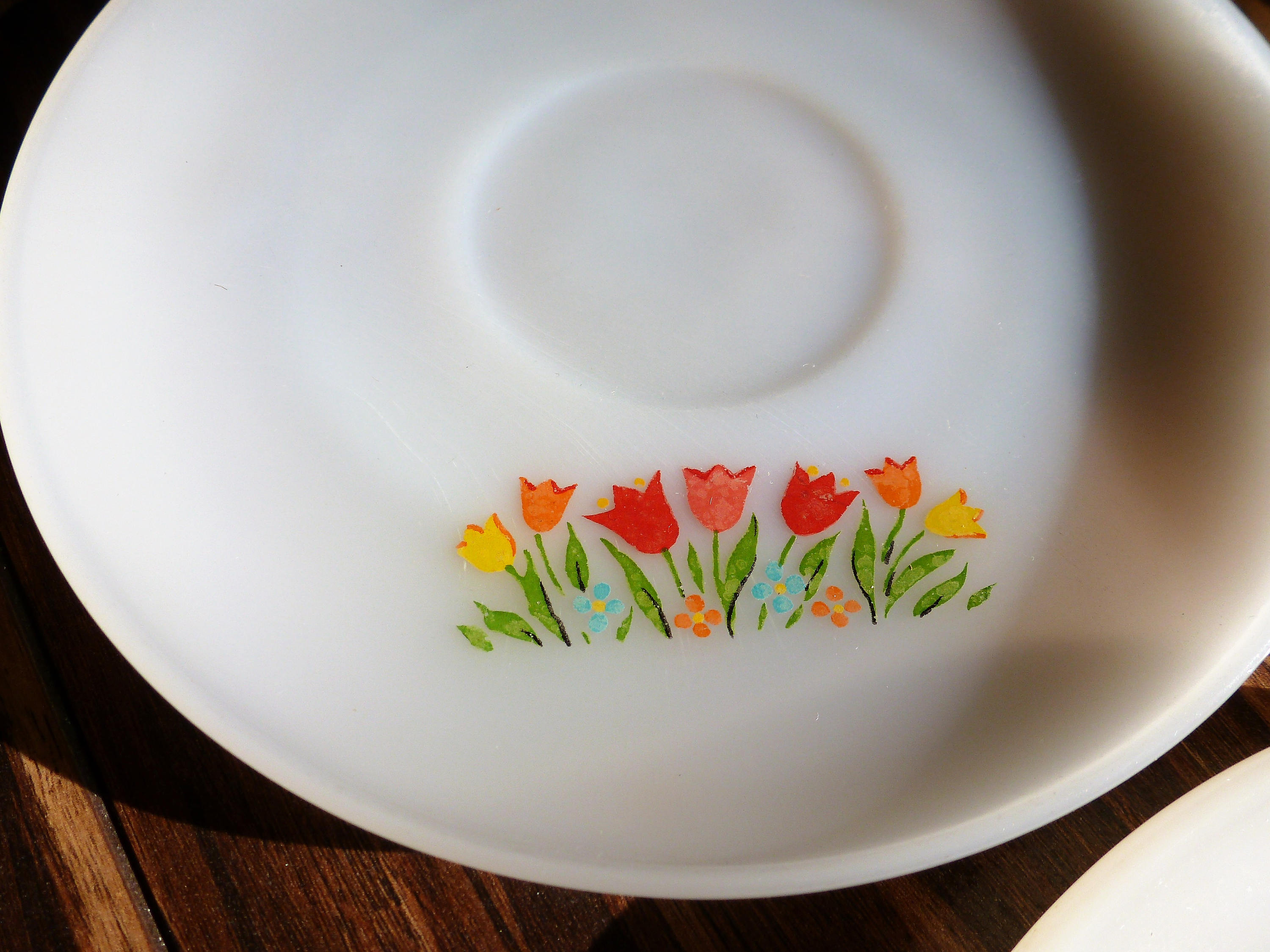 Three Vintage Fire King Saucers Tulip and Daisy Flower Patterns 1940s