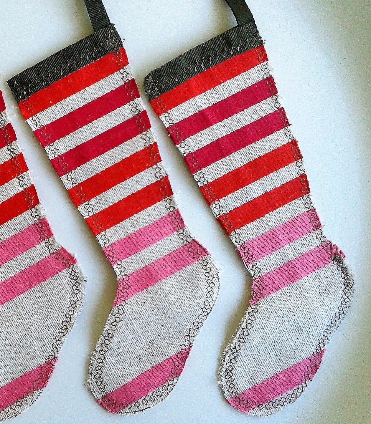 Set of 2 Vintage Striped Christmas Stockings with Ribbon Loop