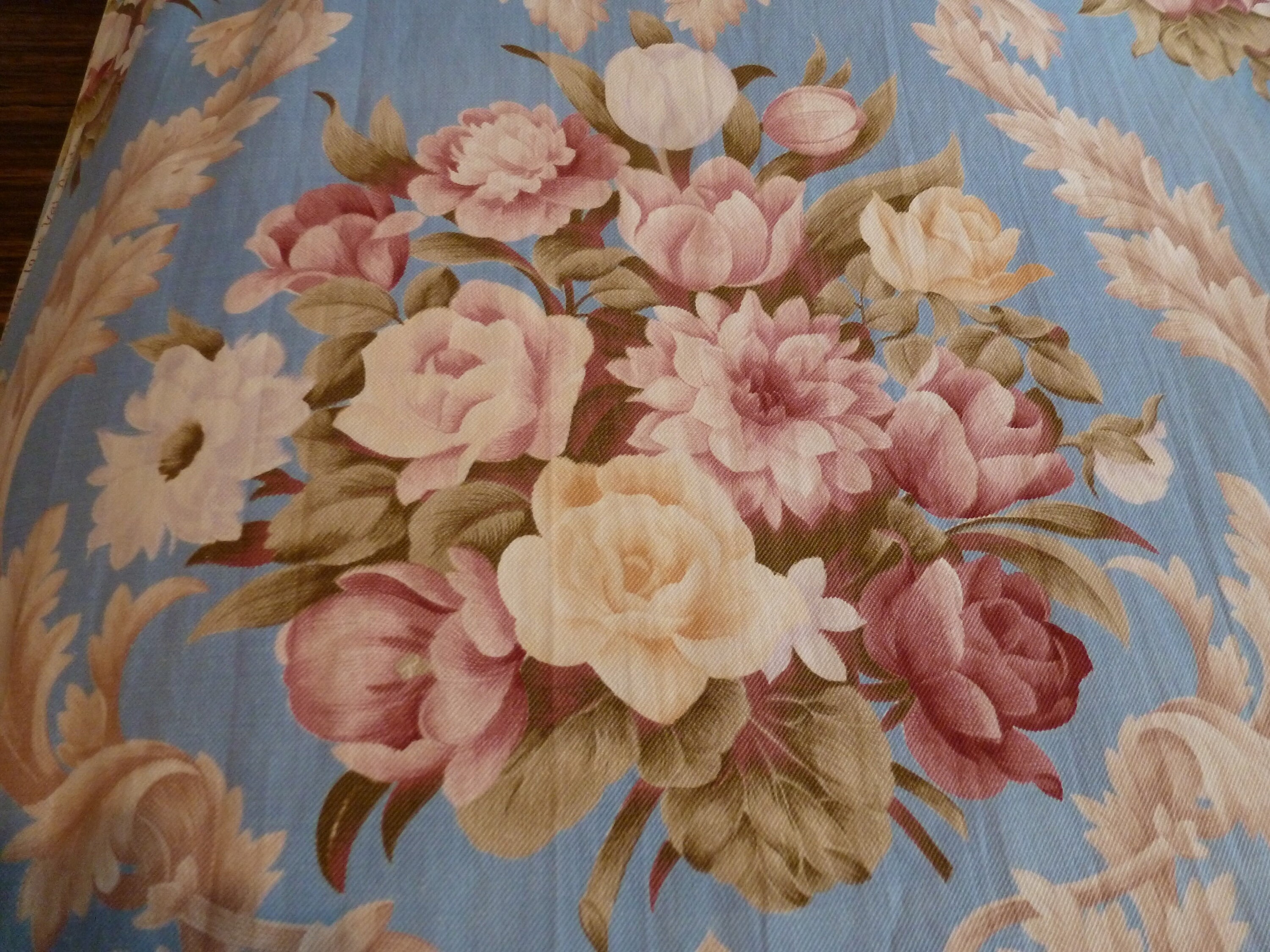 Vintage Vat Printed Drapery Panel Sewing Fabric Blue Floral and Leaves