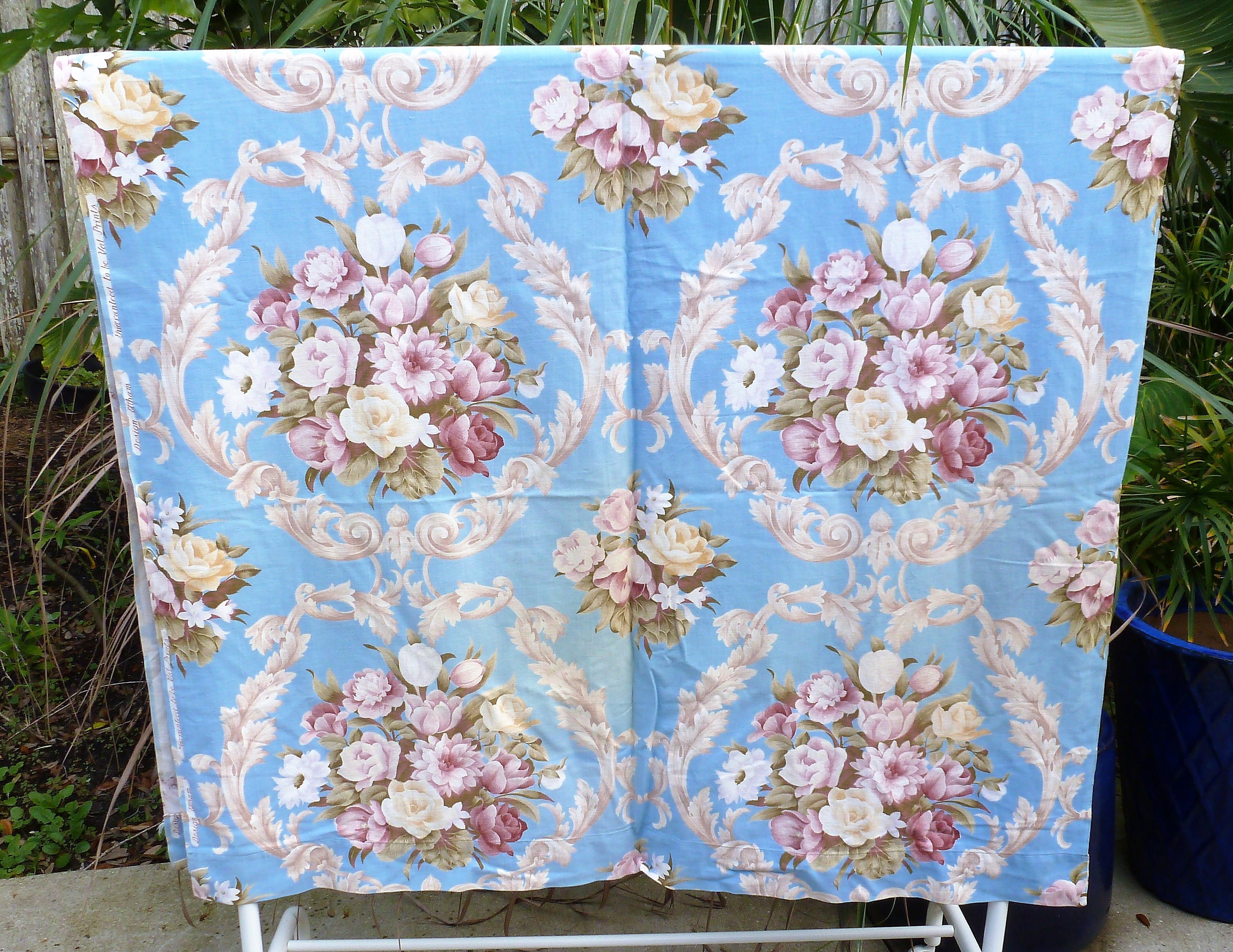 Vintage Vat Printed Drapery Panel Sewing Fabric Blue Floral and Leaves