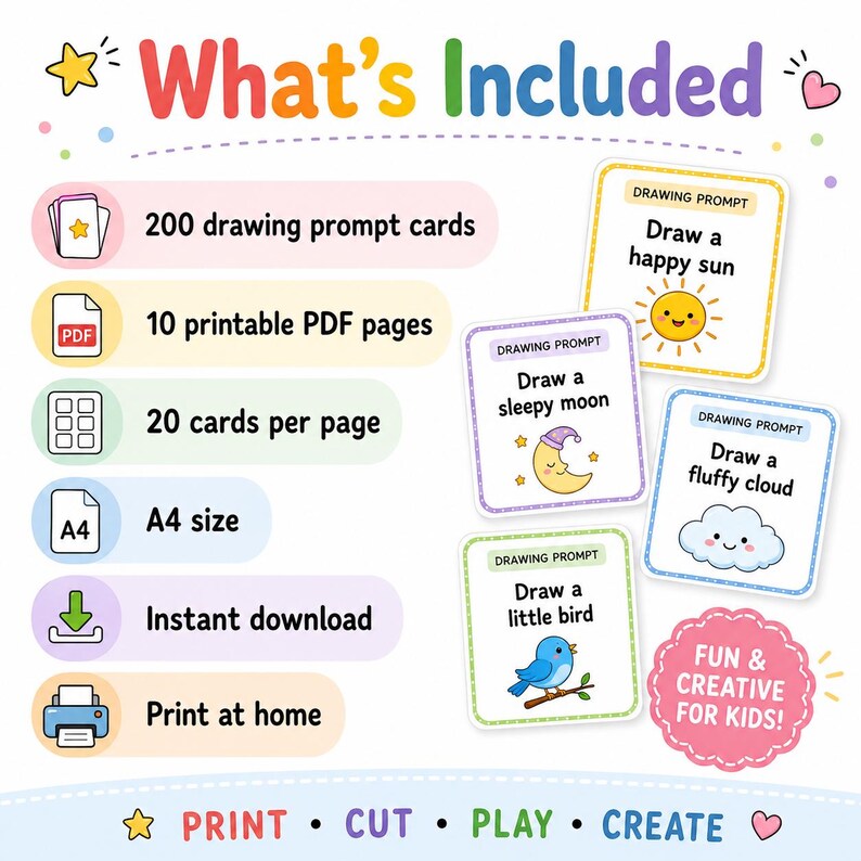 Kids Drawing Prompt Cards | 200 Printable Art Ideas (digital Download ...