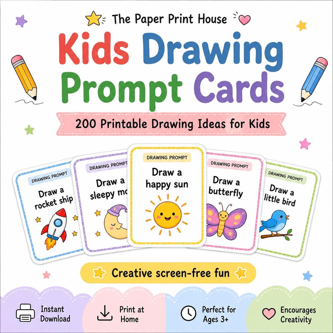 Kids Drawing Prompt Cards | 200 Printable Art Ideas (digital Download ...