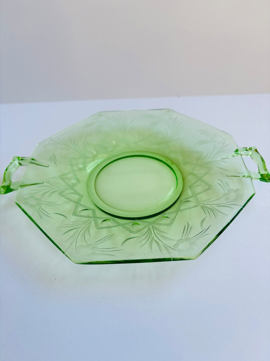 Vintage Uranium Glass Jeanette Plate With Handles, Uranium ...