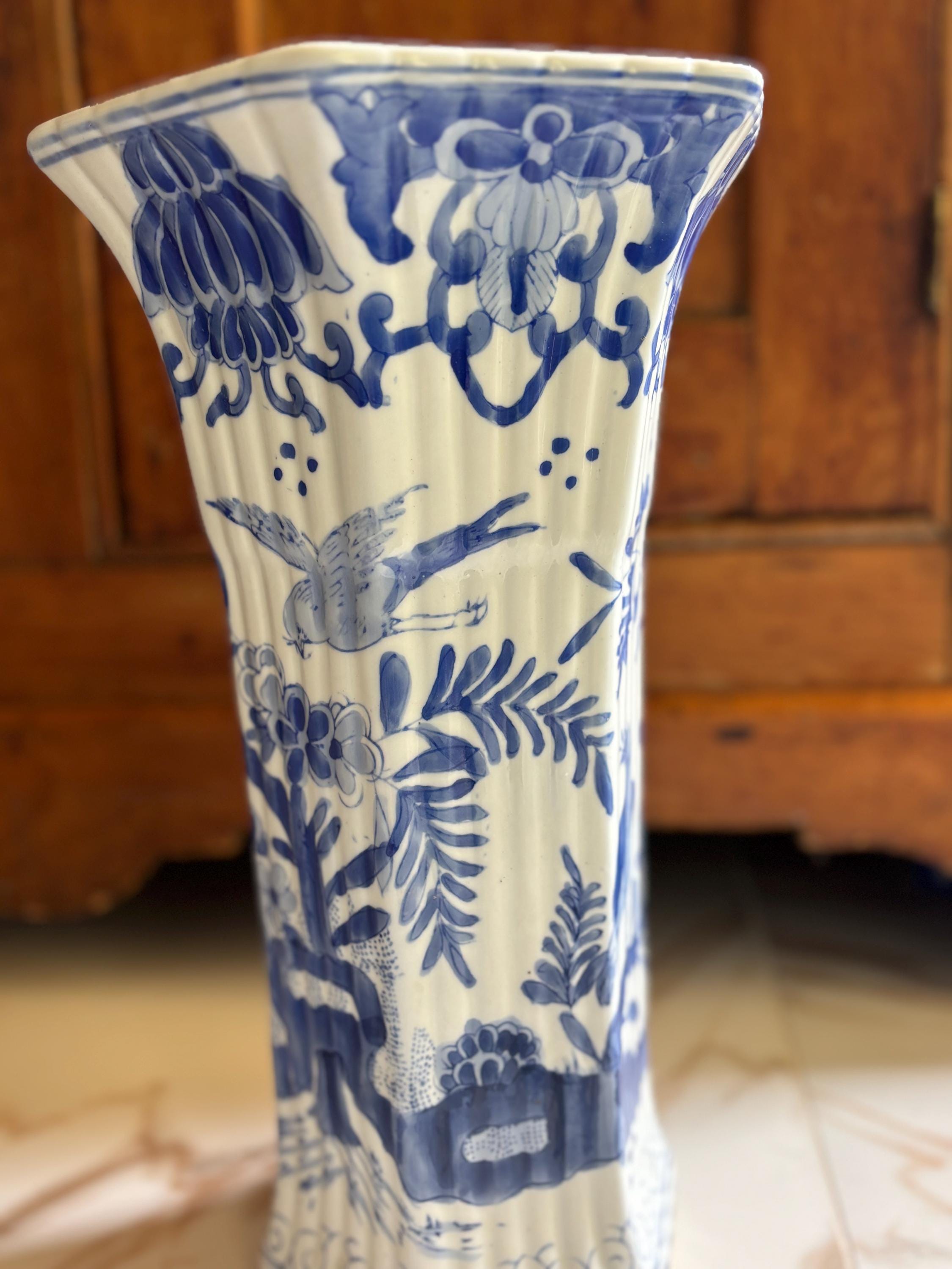Vintage Bombay Company Large 15" Vase Hexagon Flowers Birds Blue White ...