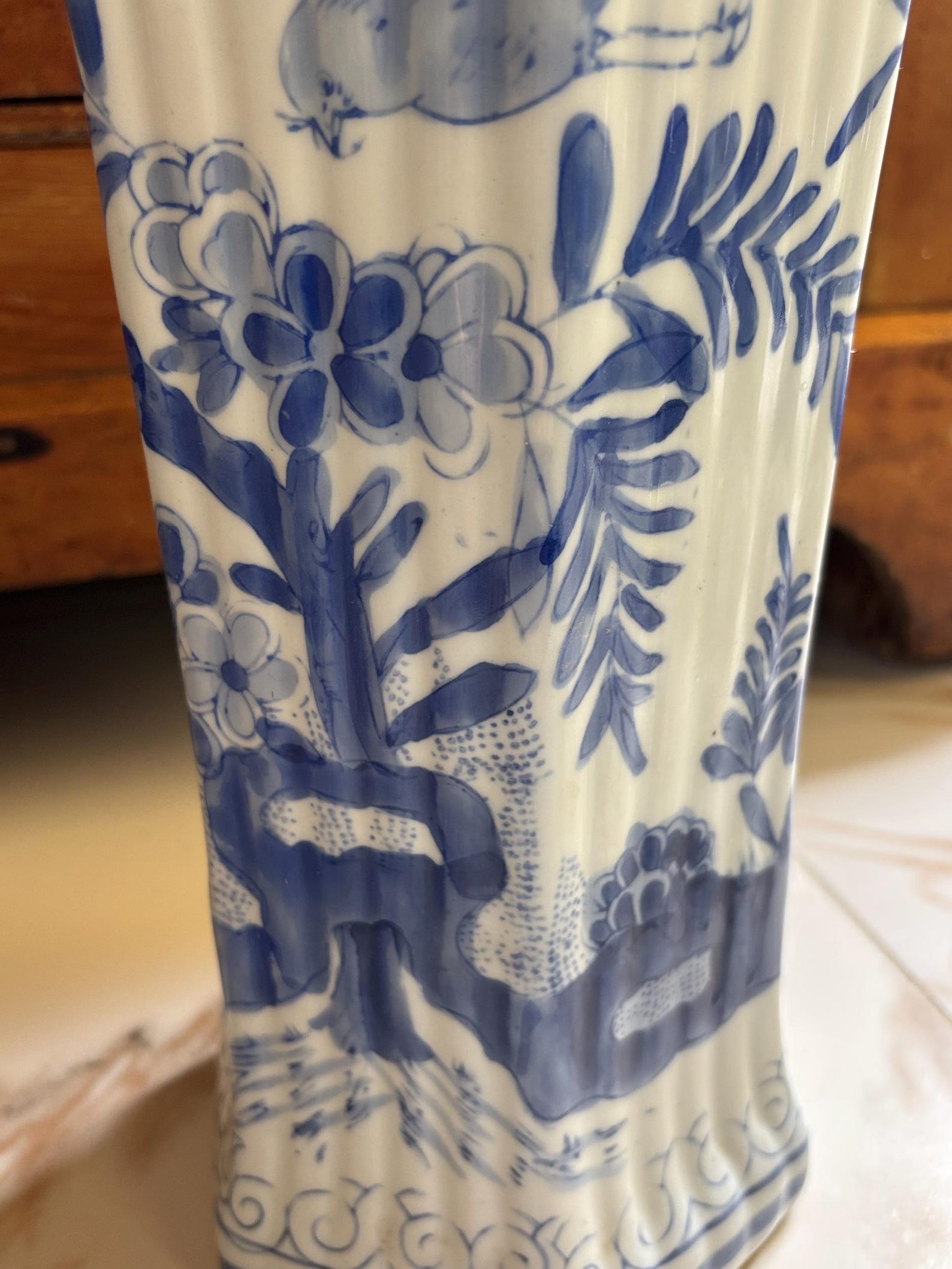 Vintage Bombay Company Large 15" Vase Hexagon Flowers Birds Blue White ...