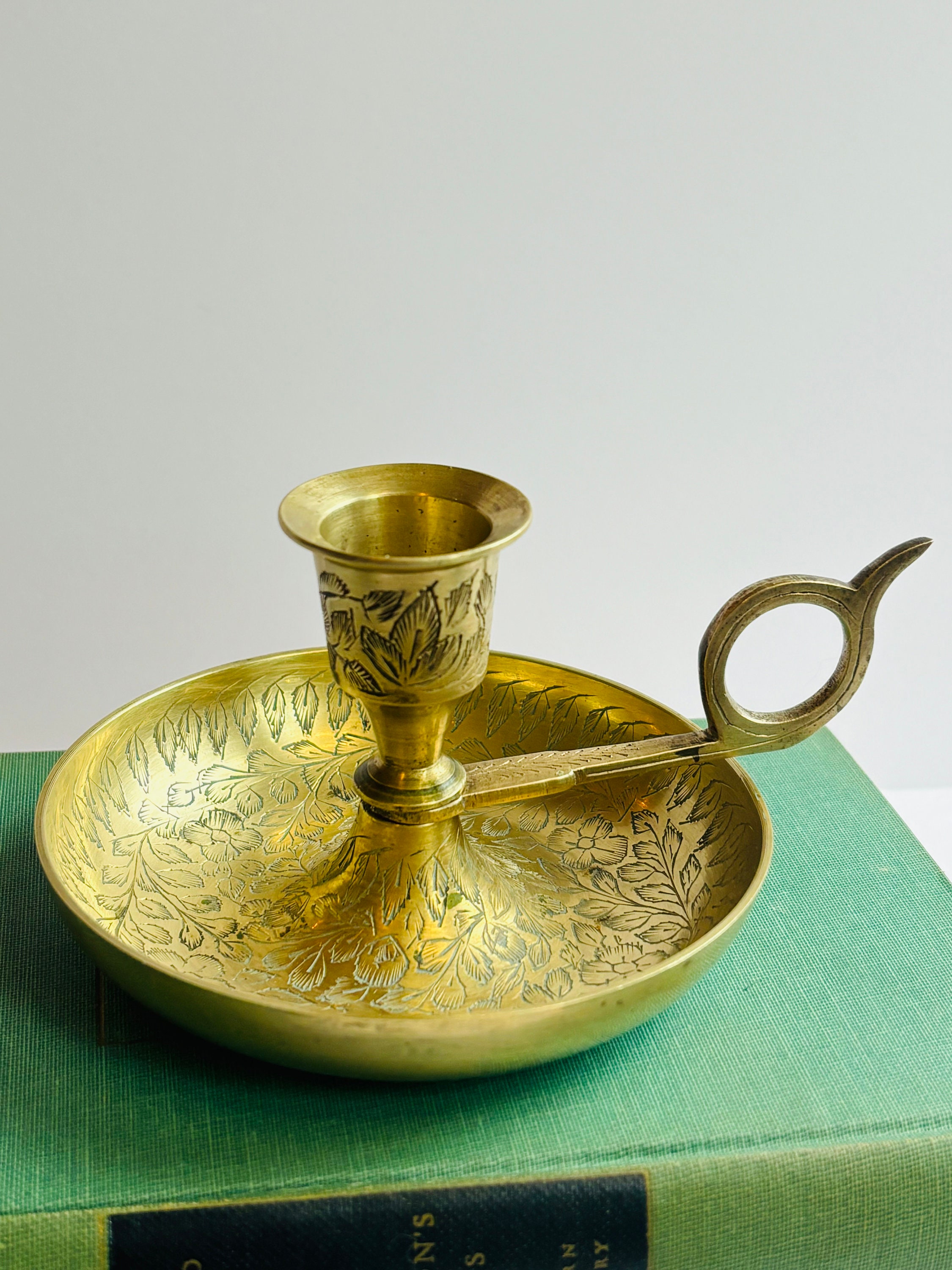 Vintage Mid Century Solid Brass Finger Candlestick, Floral Etched ...