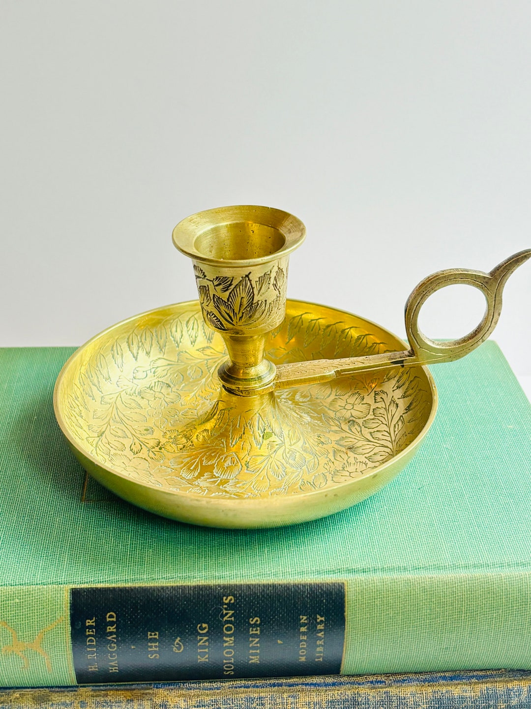 Vintage Mid Century Solid Brass Finger Candlestick, Floral Etched ...