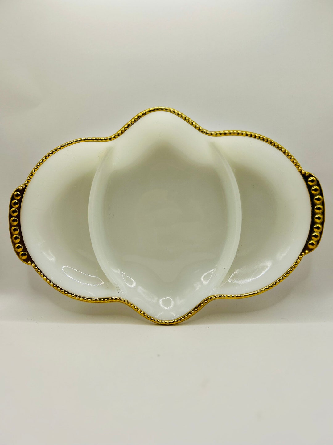 Vintage Fire-king Milk Glass Divided Dish, 22K Gold Trim - Etsy