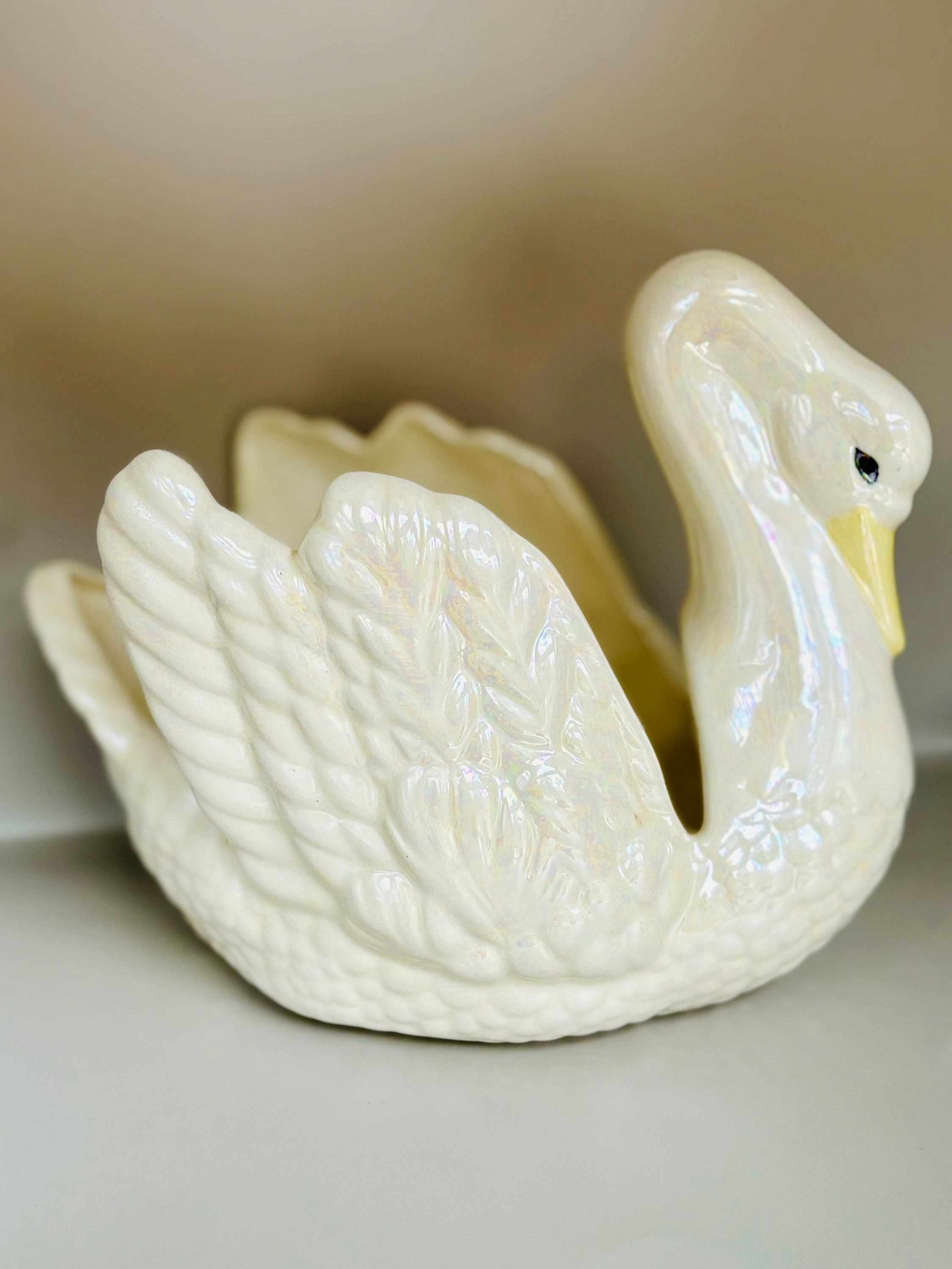 Vintage White Iridescent Swan Planter Pearlescent Swan Figurine ...