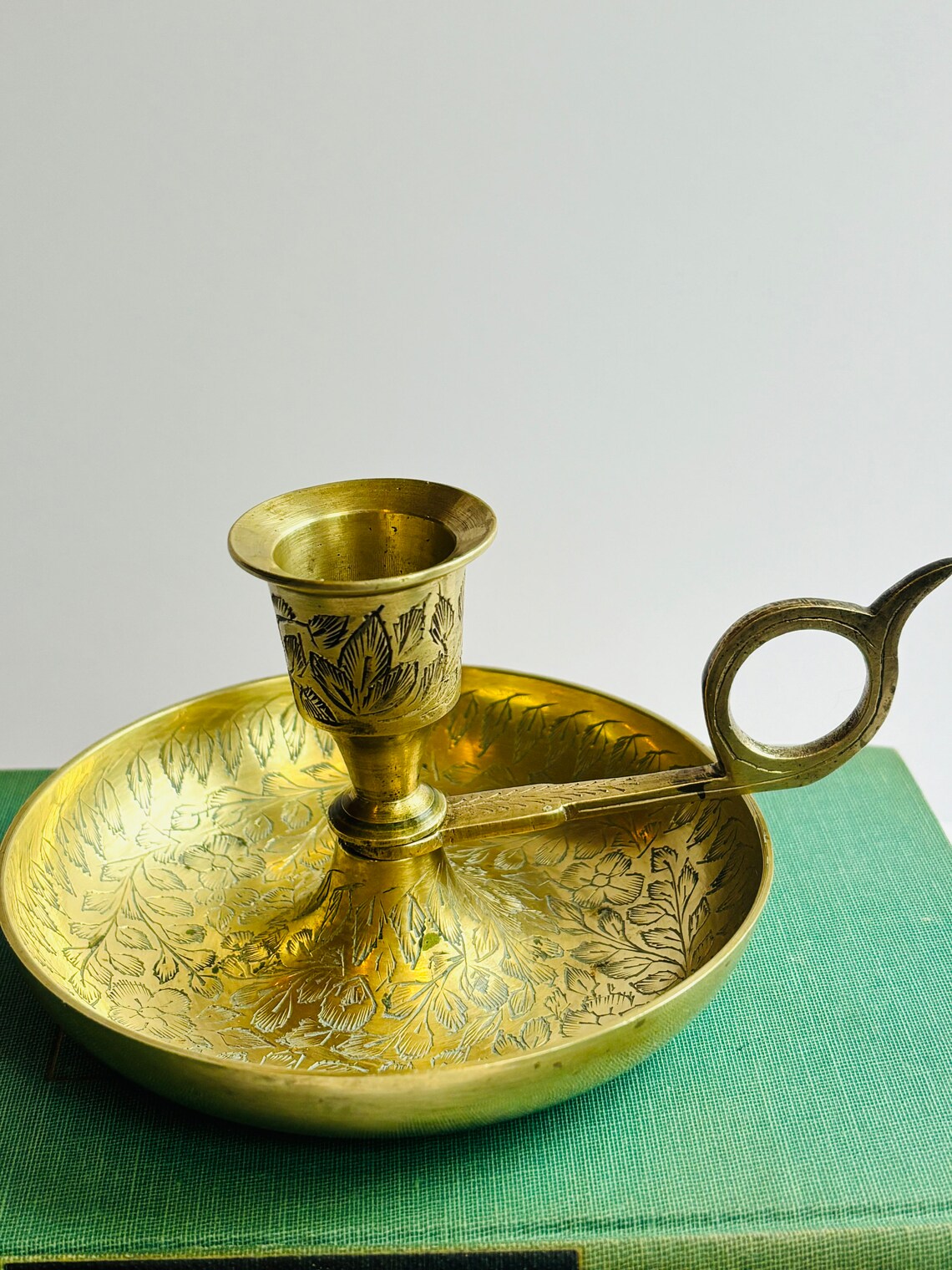 Vintage Mid Century Solid Brass Finger Candlestick, Floral Etched ...