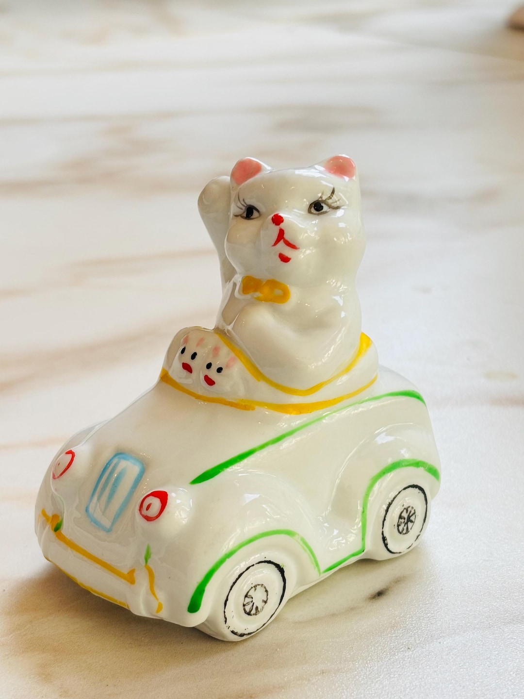 Vintage Cat in Vehicle Figurine, Nanco Cat Figurine, Miniature White ...