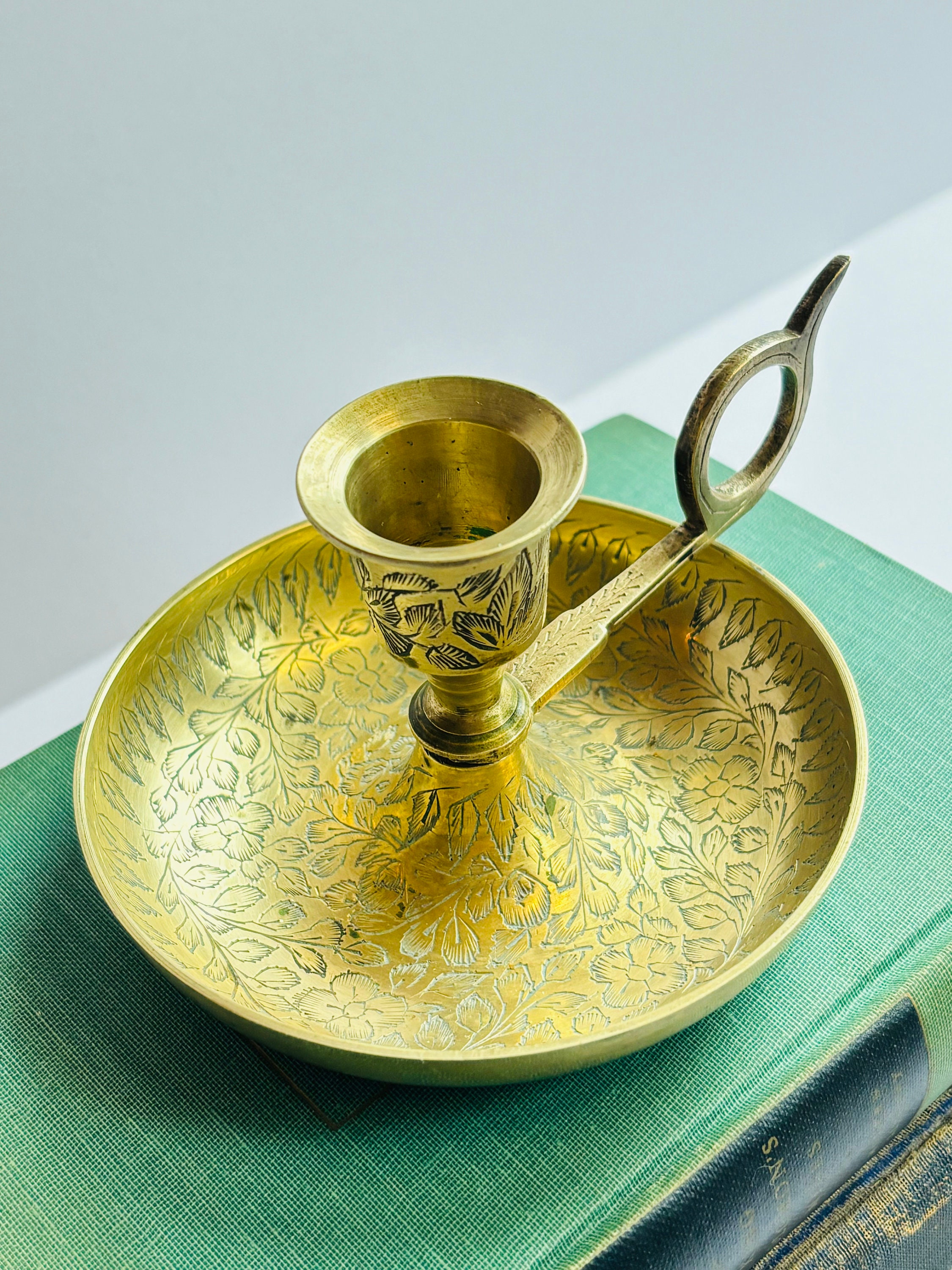 Vintage Mid Century Solid Brass Finger Candlestick, Floral Etched ...