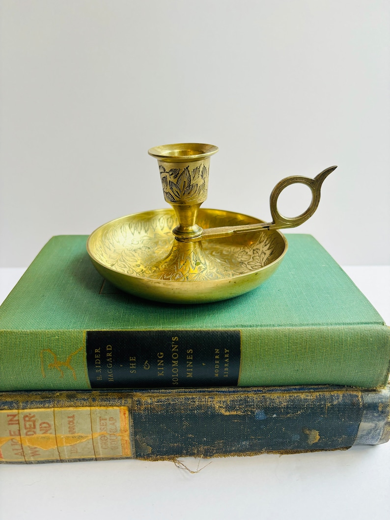Vintage Mid Century Solid Brass Finger Candlestick, Floral Etched ...