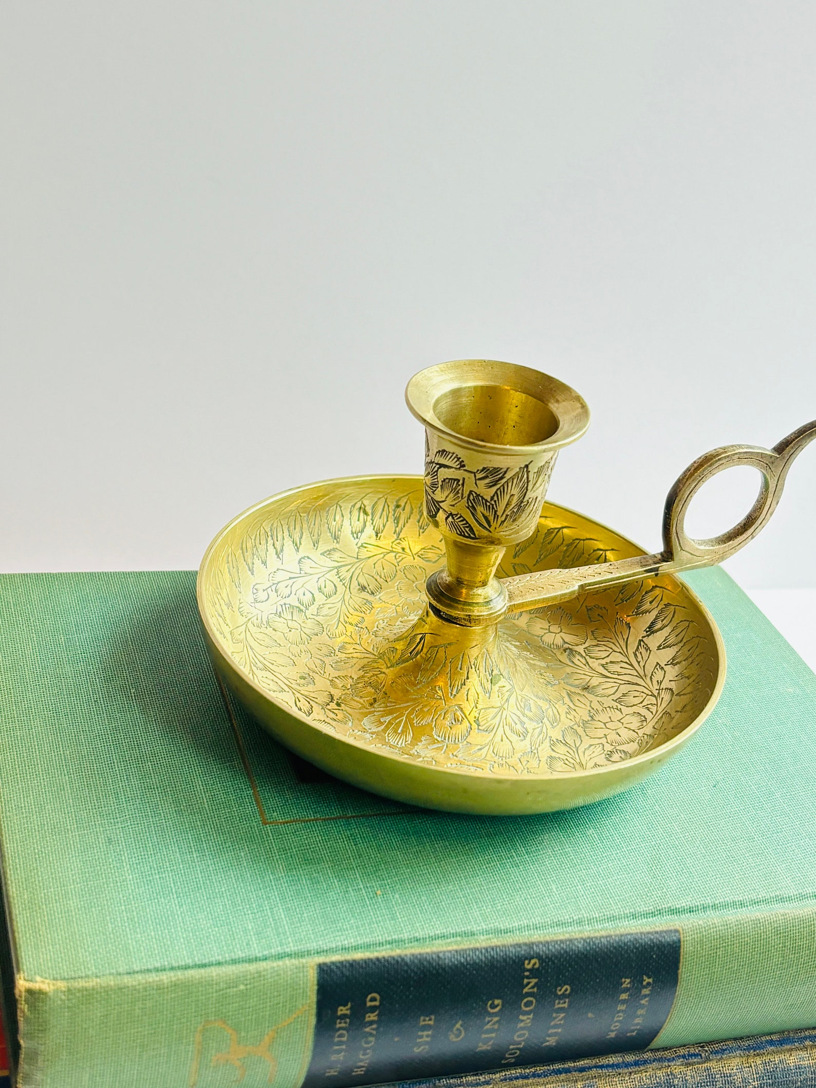Vintage Mid Century Solid Brass Finger Candlestick, Floral Etched ...
