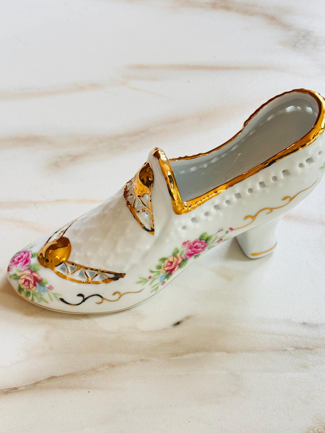 Vintage SIGNED Limoges Hand Painted China Shoe Porcelain Slipper Floral ...