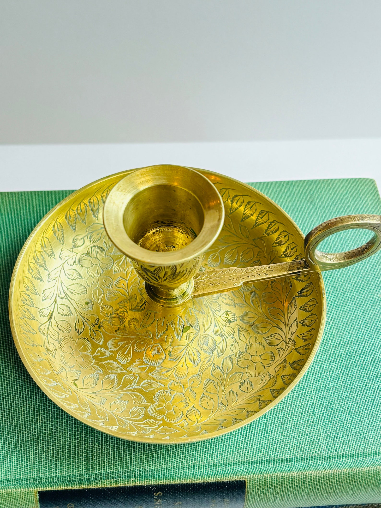 Vintage Mid Century Solid Brass Finger Candlestick, Floral Etched ...