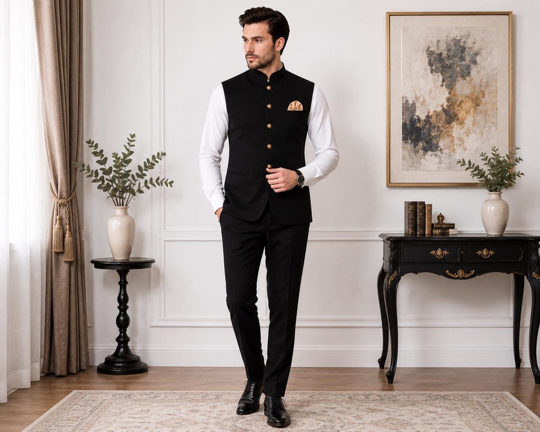 Mens Black Modi Jacket, Custom Tailored Bandhgala Nehru Vest, Indian ...