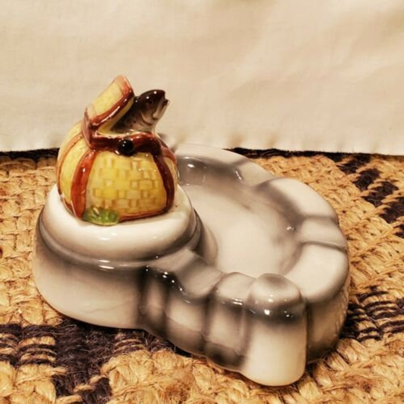 Vintage Lefton Ashtray Fish in Creel Basket Gray Cigarette - Etsy