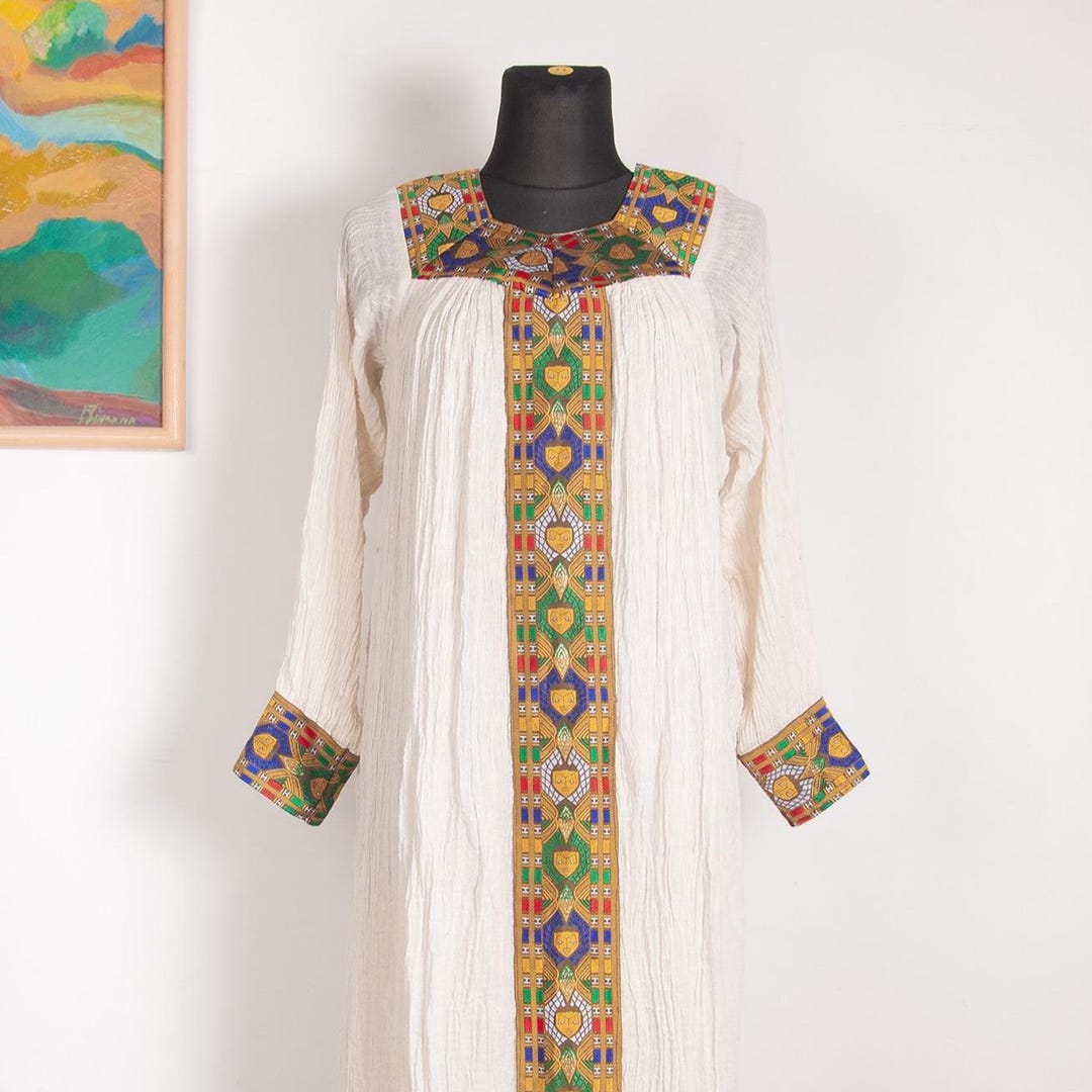 Cream White Habesha Dress With Netela Scarf: Vintage Eritrean Caftan ...