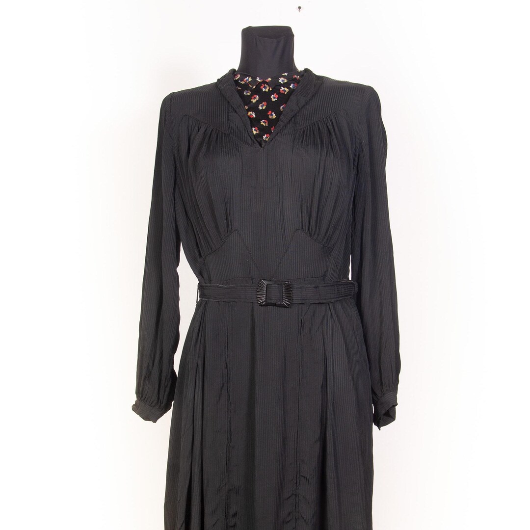 40s Black Day Dress / Black Striped WW2 Dress / Film Noir Dress / Long ...