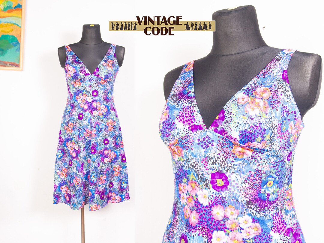 70s Vtg Floral Beach Dress / Mod Hippie Sleeveless Simple Elastic Retro ...