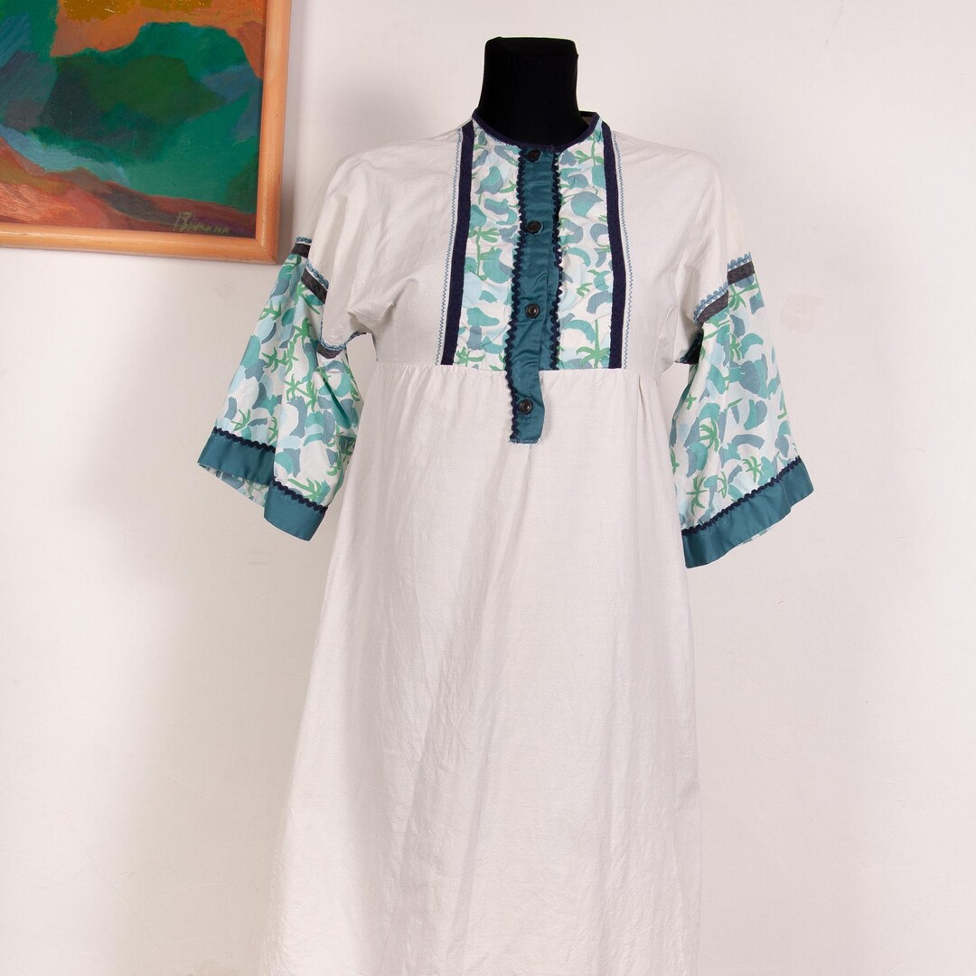 Vtg Cotton Folk Style Trapeze Tent Peasant Caftan Dress / Rick Rack ...