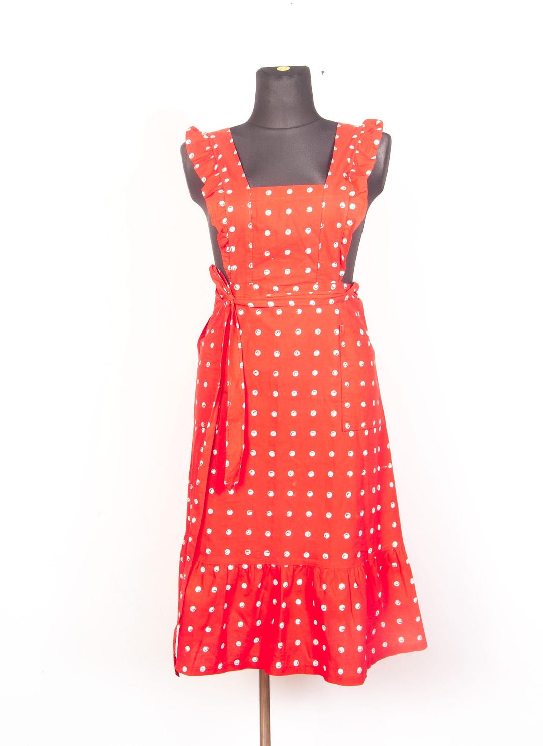 Vtg Red White Cotton Apron Maxi Dress / Ruffled Frilled Apron Dress ...