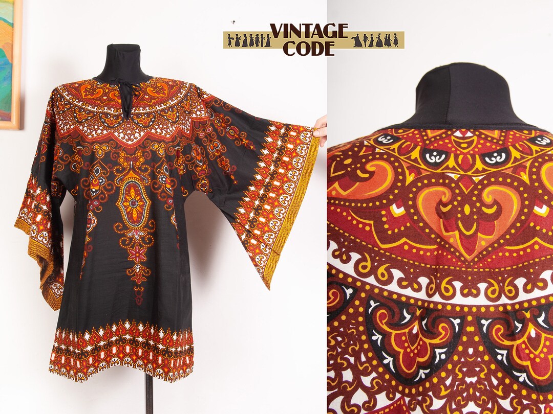 Black Flare Angel Wing Sleeves Dashiki Shirt Short Caftan / Vtg Dashiki ...