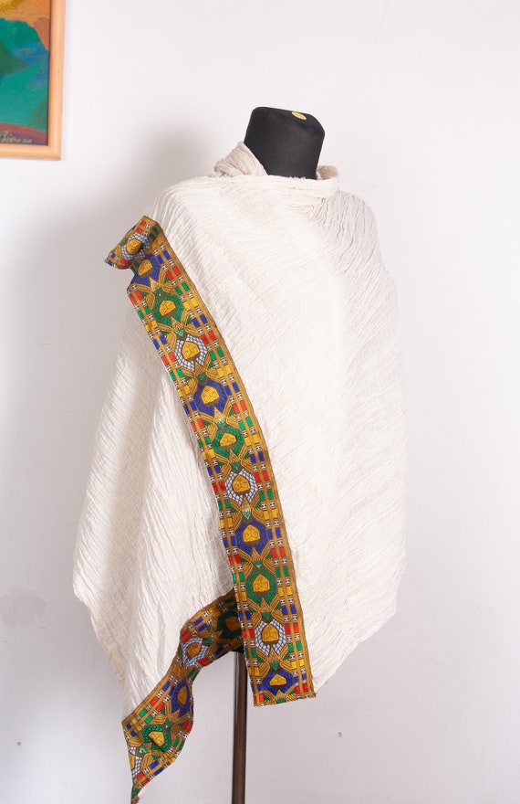 Ethiopian Cream white Habesha Menen dress with Netela… - Gem