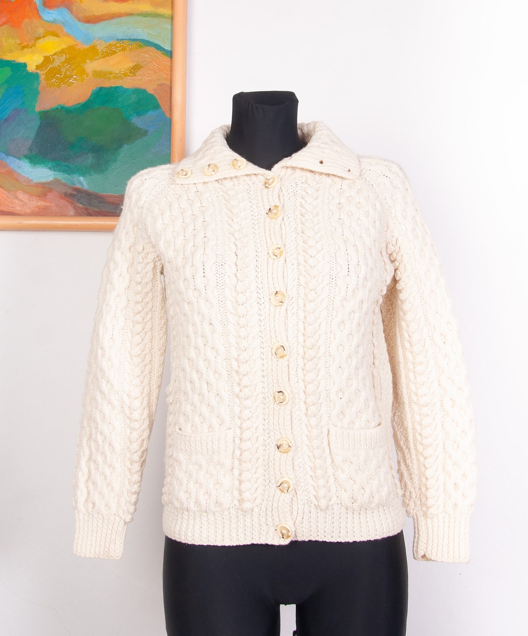 Cream White Irish Pure New Wool Thick Chunky Cardigan / Ireland ...