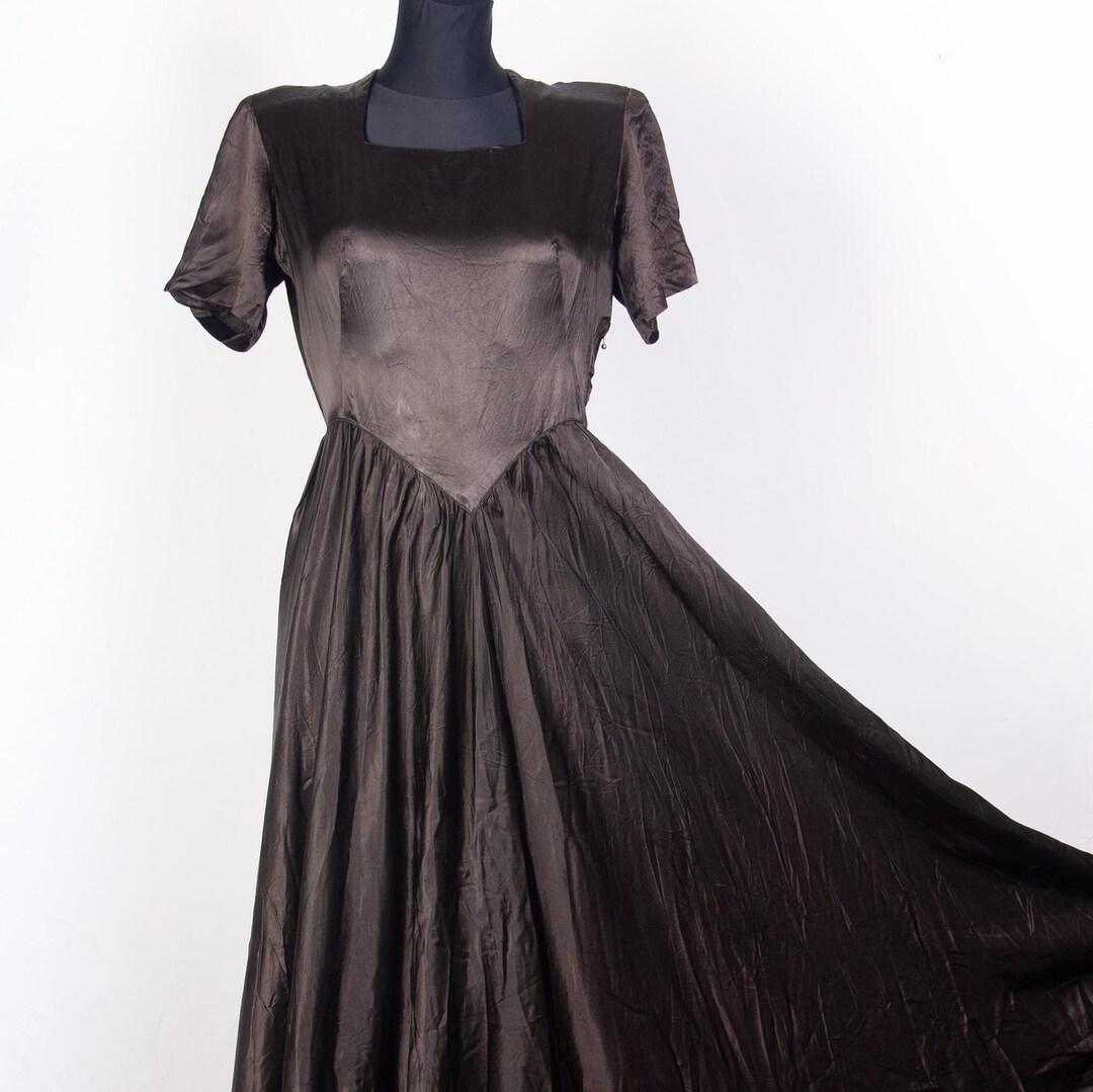 Black Satin 40s WWII Maxi Dress Evening Gown / Short Sleeve Black ...
