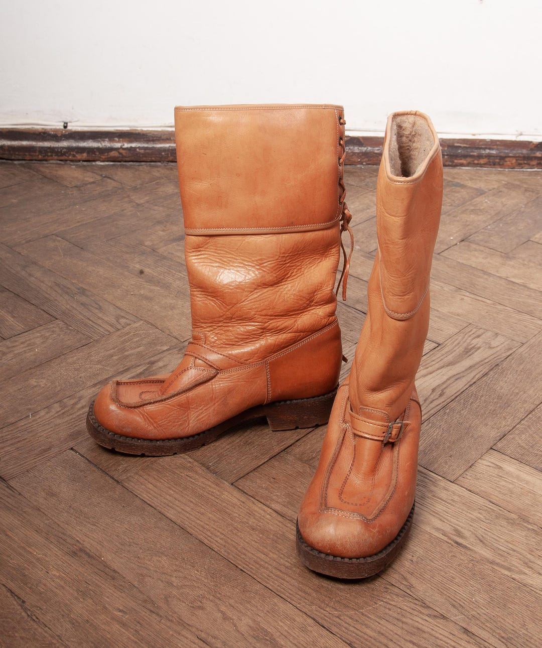 70s Vtg Unisex Sand Brown Sami Lapland Leather Upturned Boots / Finnish ...