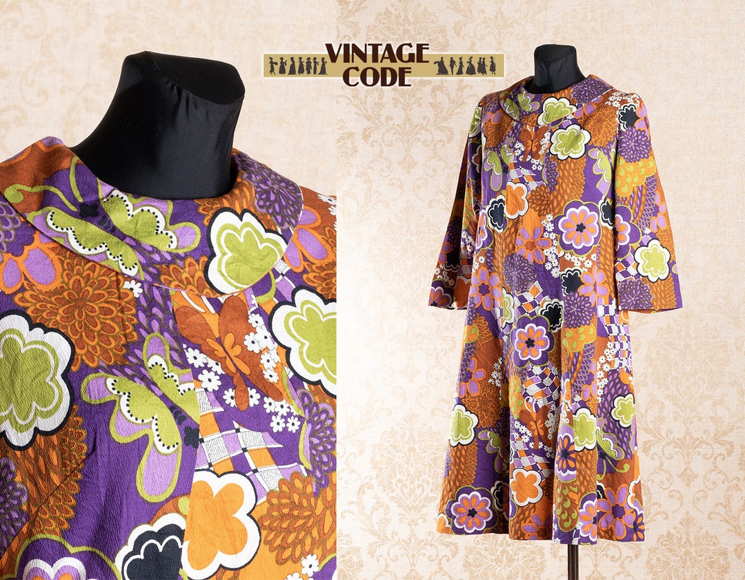 Butterfly Print Groovy Flower Power 60s 70s Dress / Mod Hippie Boho ...