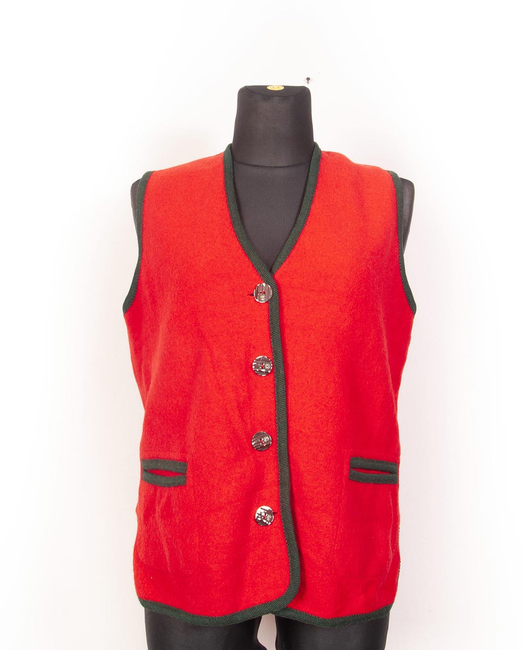 Vtg Red Dirndl Trachten Pure New Wool Top Vest Bodywarmer Waistcoat ...