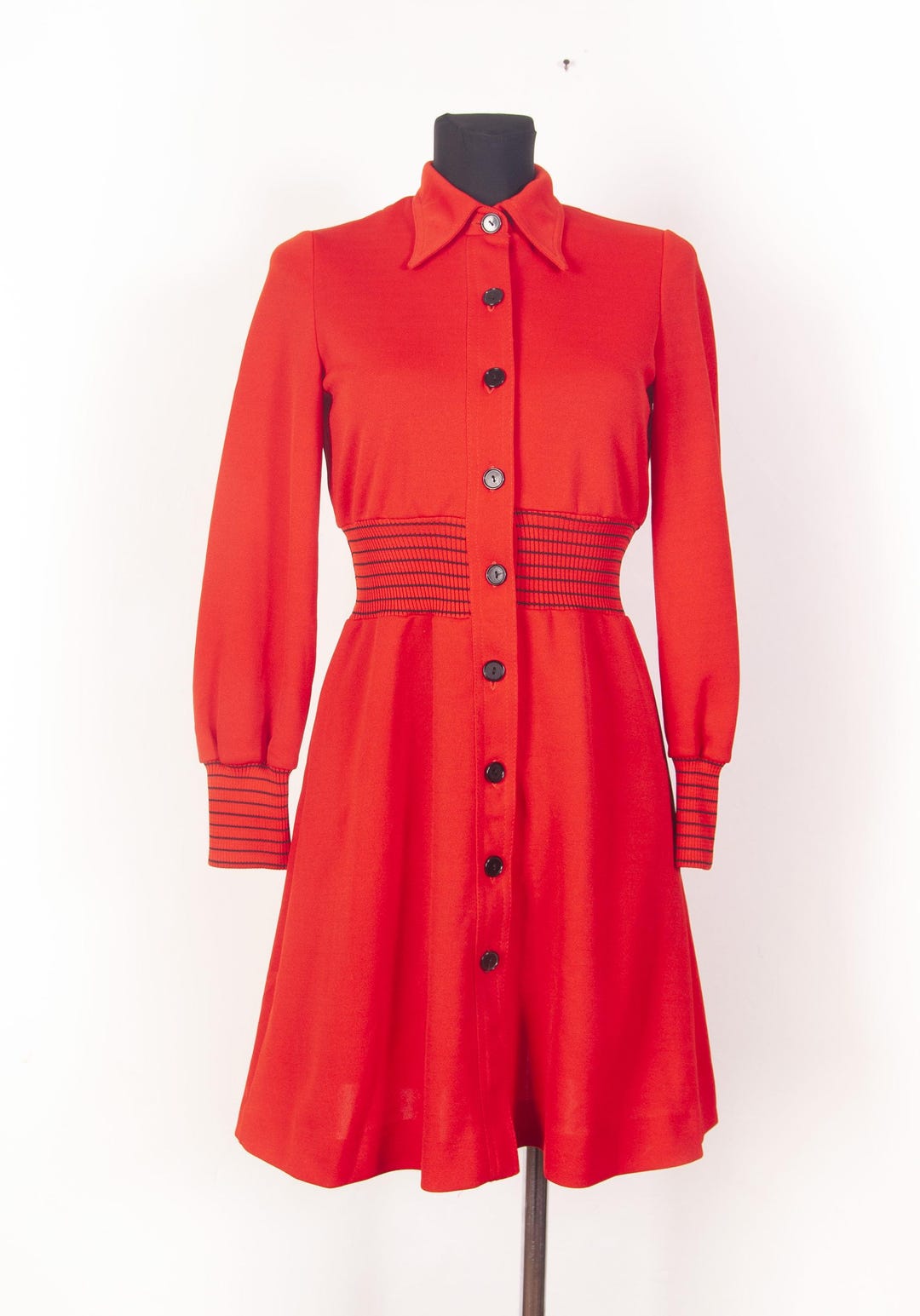 60s 70s Vtg Long Sleeve Mod Mini Dress / Dagger Collar Elastic Waist ...