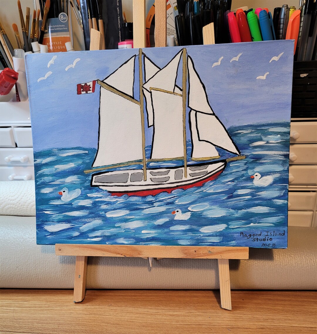 A Flag Flying Vessel Atlantic Ocean Folk Art Outsider Painting 9 X 12 ...
