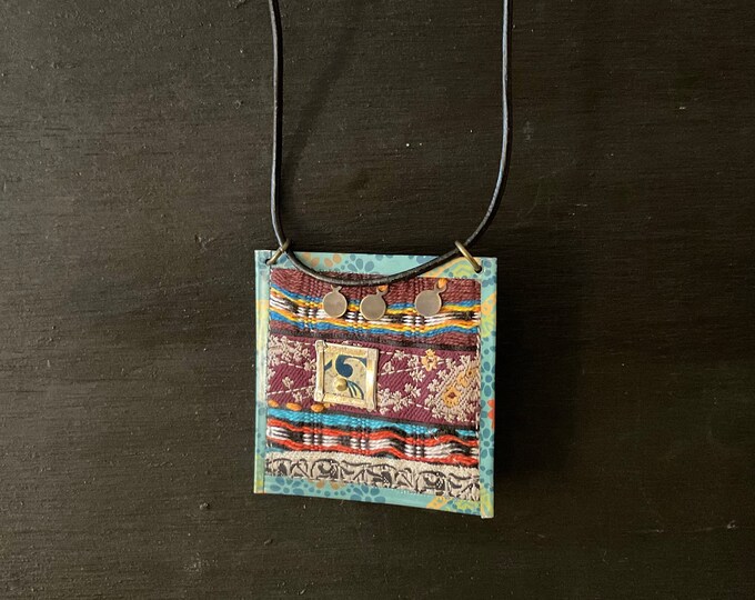 Upcycled Textile & Tin Art Necklace, Vintage Materials, Leather Cord ...