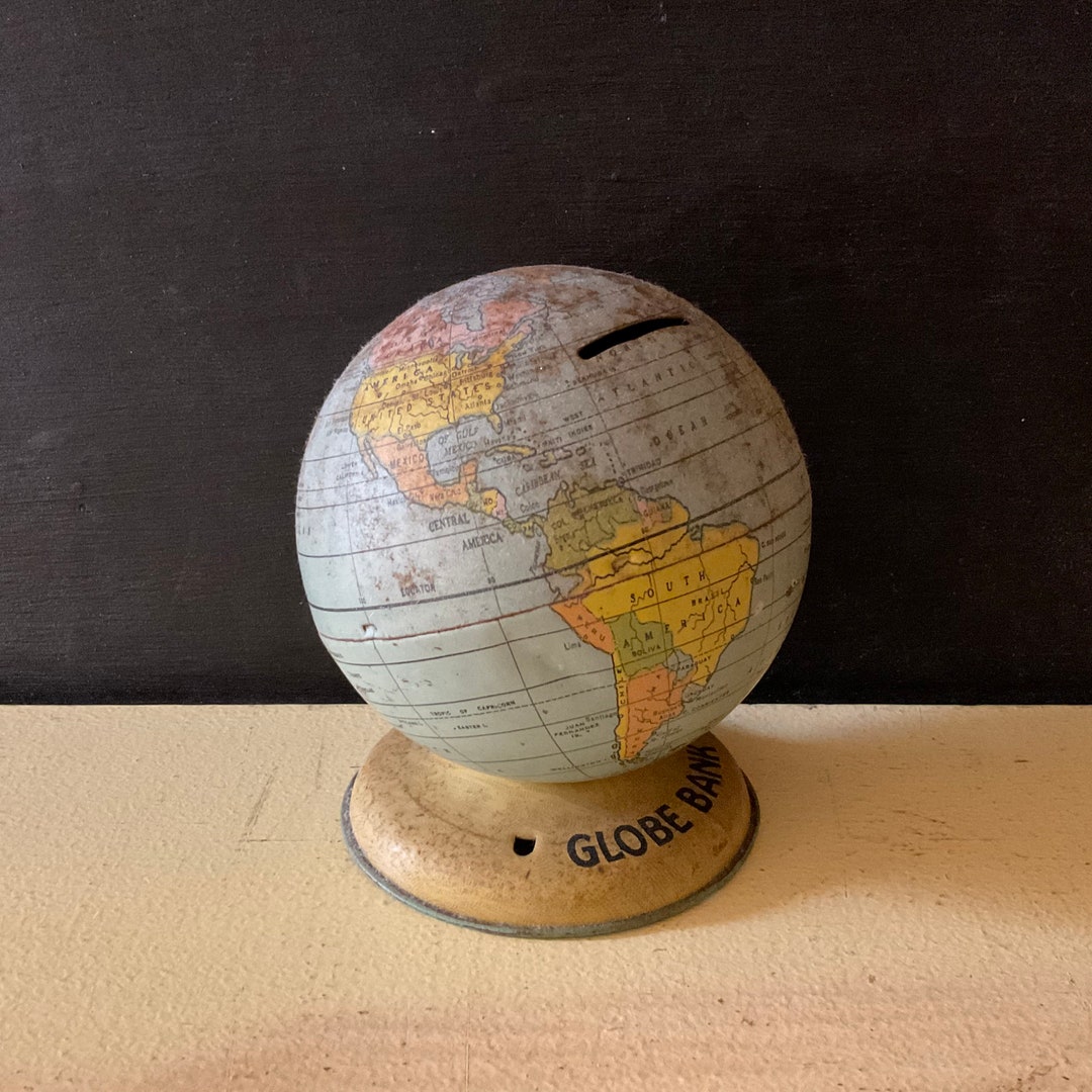 Vintage Globe Bank, Nice Rusted Patina, Tin, 4.5", J. Chein, Made in ...