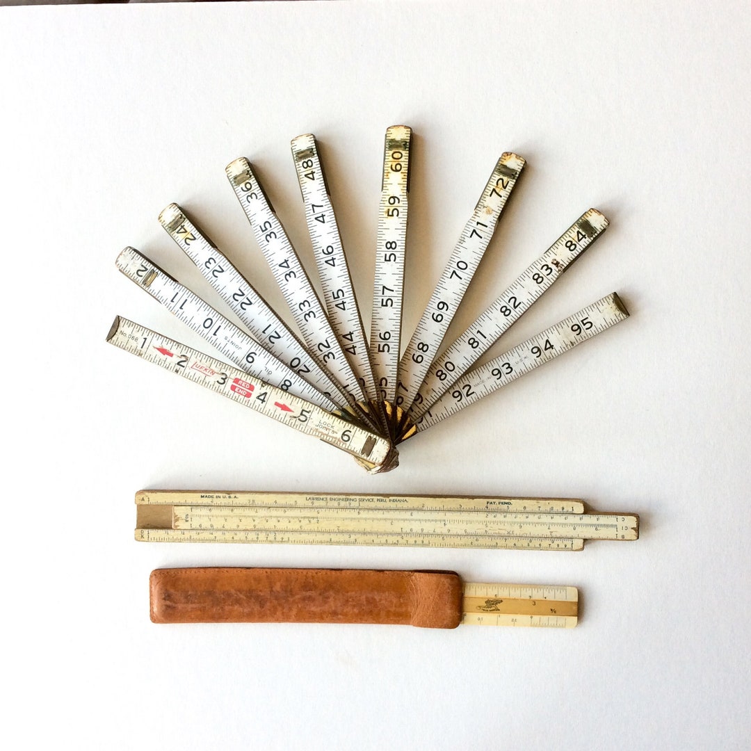 3 Vintage Rulers, 96” Lufkin Folding Ruler, Wood Slide Rule, Paragon ...