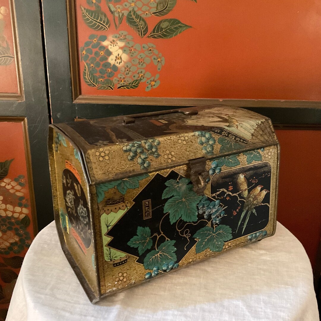 Rare Antique Asian Style French Tin Box, Birds, Grape Leaves and ...