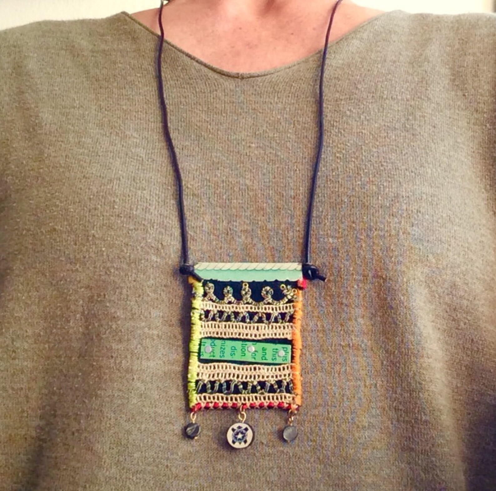 Repurposed Textile & Tin Art Necklace Vintage Materials - Etsy UK