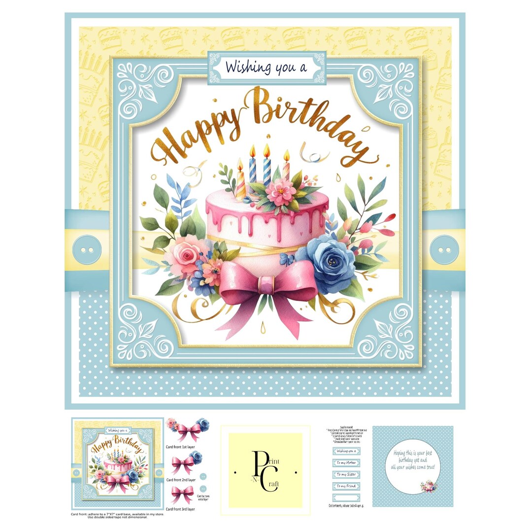 Birthday Cake 7x7 Greeting Card Digital Download, 3D Layered, DIY Paper ...